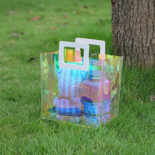 VUOJUR Holographic Small Gift Bag 8.3x8x4'' Clear Reusable Birthday Gift Bag for Women Girls Iridescent Christmas Wedding Gift Bag with Handle