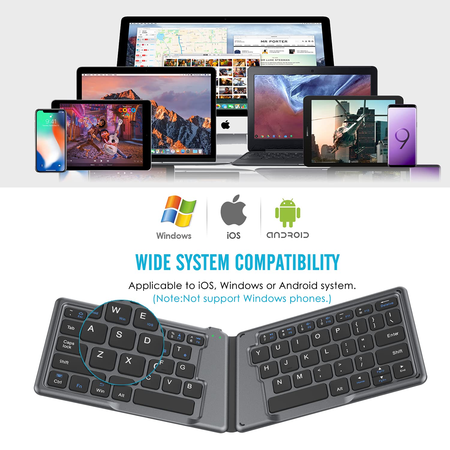 MoKo Foldable Bluetooth Keyboard, Portable Wireless Rechargeable Keyboard, Ultra Slim Ergonomic Folding Keyboard Compatible with iOS, Android and Windows Tablet/Smartphone/Laptop Devices, Silver Gray
