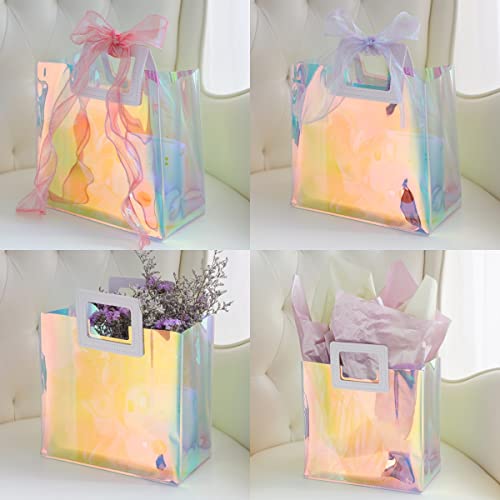 VUOJUR Holographic Small Gift Bag 8.3x8x4'' Clear Reusable Birthday Gift Bag for Women Girls Iridescent Christmas Wedding Gift Bag with Handle