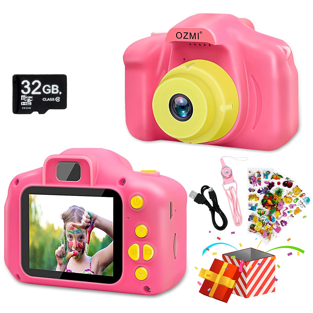 OZMI Kids Camera Toys for 3-9 Year Old Girls, Kids Selfie Camera Compact for Child Little Hands, Smooth Shape Toddler Camera, Best Christmas Birthday Gift for 4 5 6 7 8 9 Year Old Girls with 32GB Card