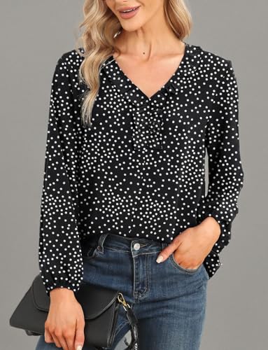 VIISHOW Black Dot Polka Dot Tops Fashion Casual V Neck Ruffled Womens Blouse (Black Dot, Medium)
