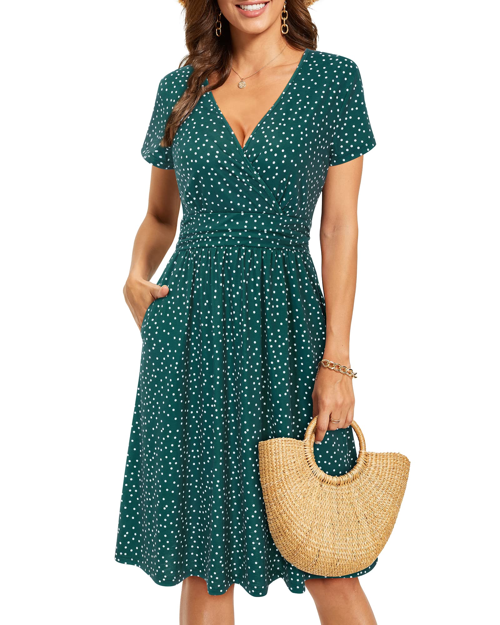 OUGES Women's 2025 Summer Short Sleeve V-Neck Floral Short Party Dress with Pockets(Green Polka Dot,S)