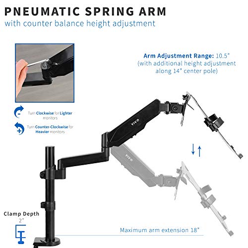 VIVO Universal Adjustable 10 to 15.6 inch Laptop Holder Desk Mount, Single Pneumatic Arm VESA Notebook Stand with C-clamp and Grommet Options, Black, STAND-V101L