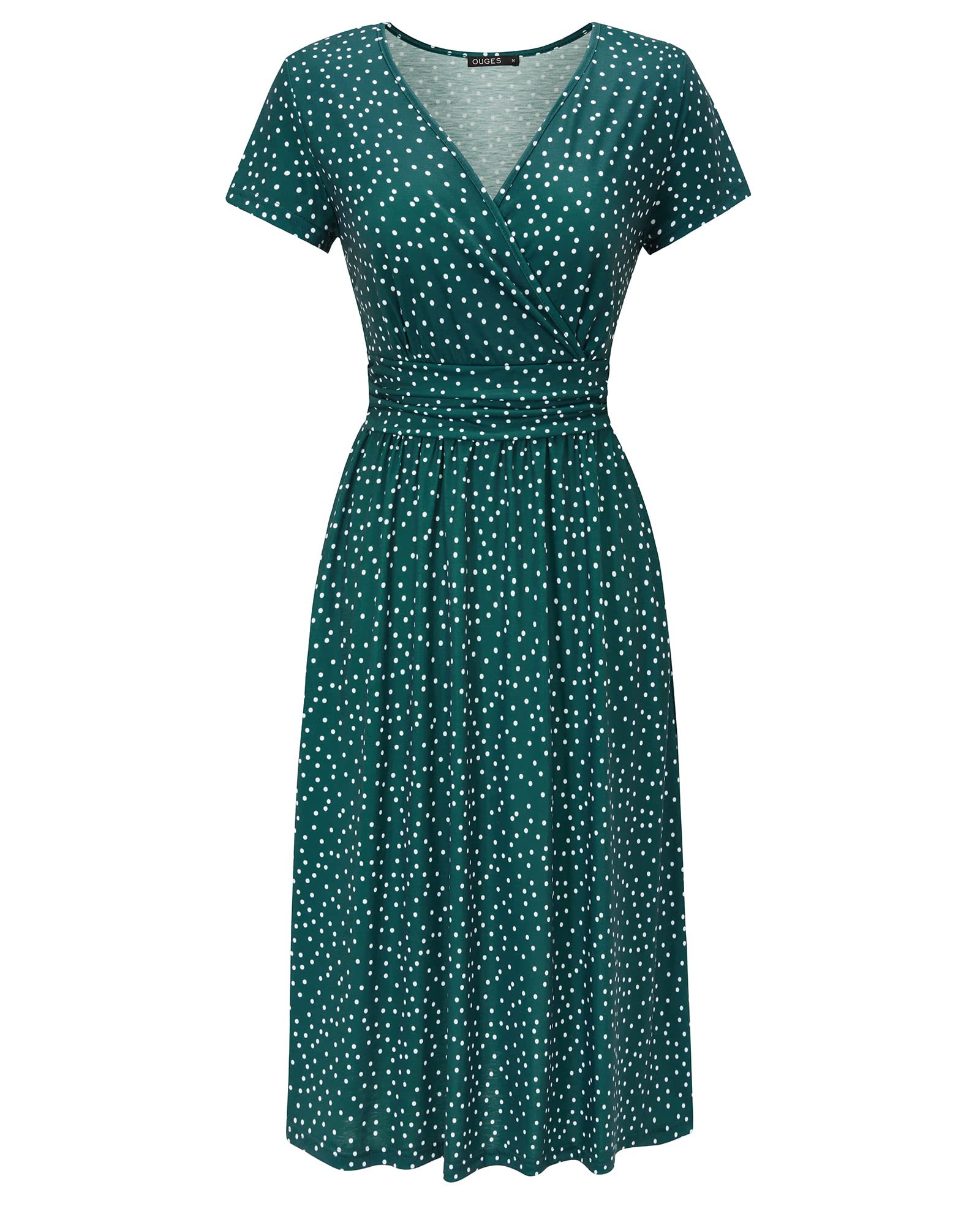 OUGES Women's 2025 Summer Short Sleeve V-Neck Floral Short Party Dress with Pockets(Green Polka Dot,S)