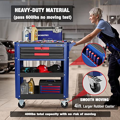 WORKPRO Premium 28” 2-Drawer Rolling Tool Cart, Heavy Duty Utility Industrial Service Cart Storage Organizer with Wheels and Locking System, for Mechanic, Warehouse, Garage, Workshop, 400 lbs Load