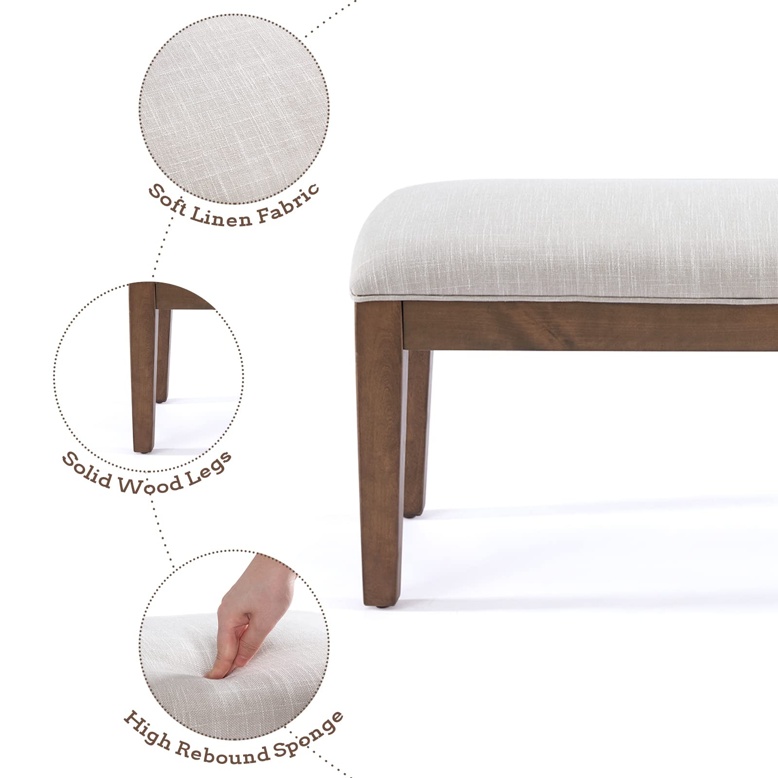 HUIMO Modern Multi-Purpose Bench, Wooden Frame with Tapered Legs, Padded Seat in Beige, 16"D x 36"W x 19"H, 2-Person Capacity