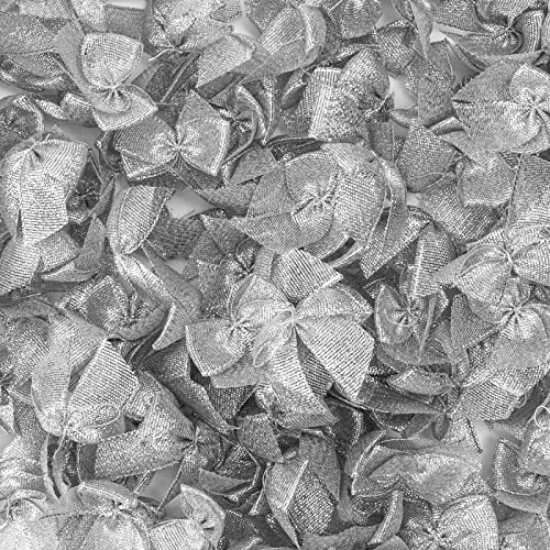 Mini Silver Satin Bows with Self-Adhesive Tape (1.5 in, 200 Pack)