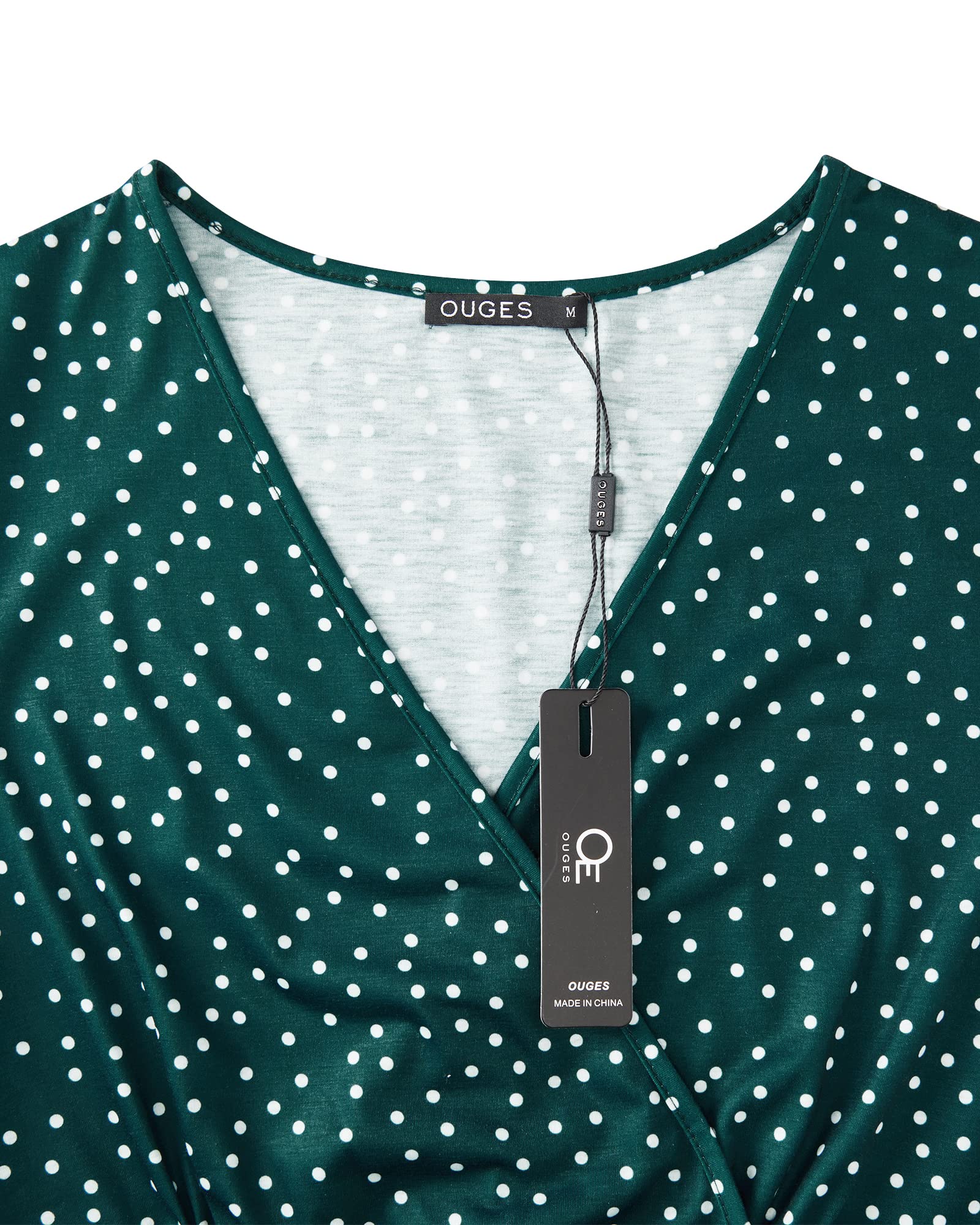 OUGES Women's 2025 Summer Short Sleeve V-Neck Floral Short Party Dress with Pockets(Green Polka Dot,S)