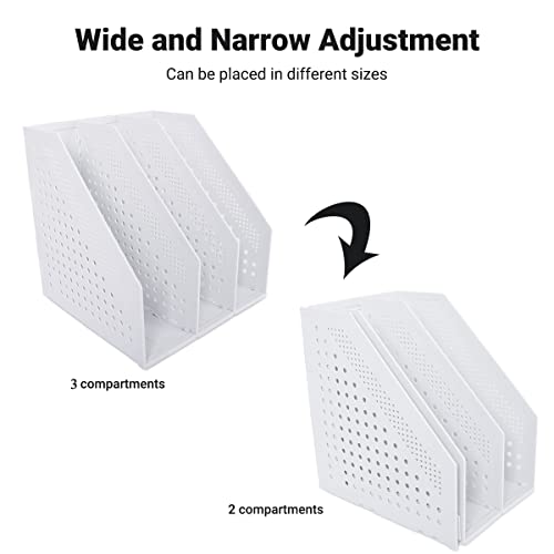 SAYEEC 2Pcs Collapsible Plastic Magazine File Holder Vertical Binder Storage Organizer for Desk Sturdy Upright Desktop Magazine Organizer Folder Rack for Office School Home (3 Compartments, Gray)