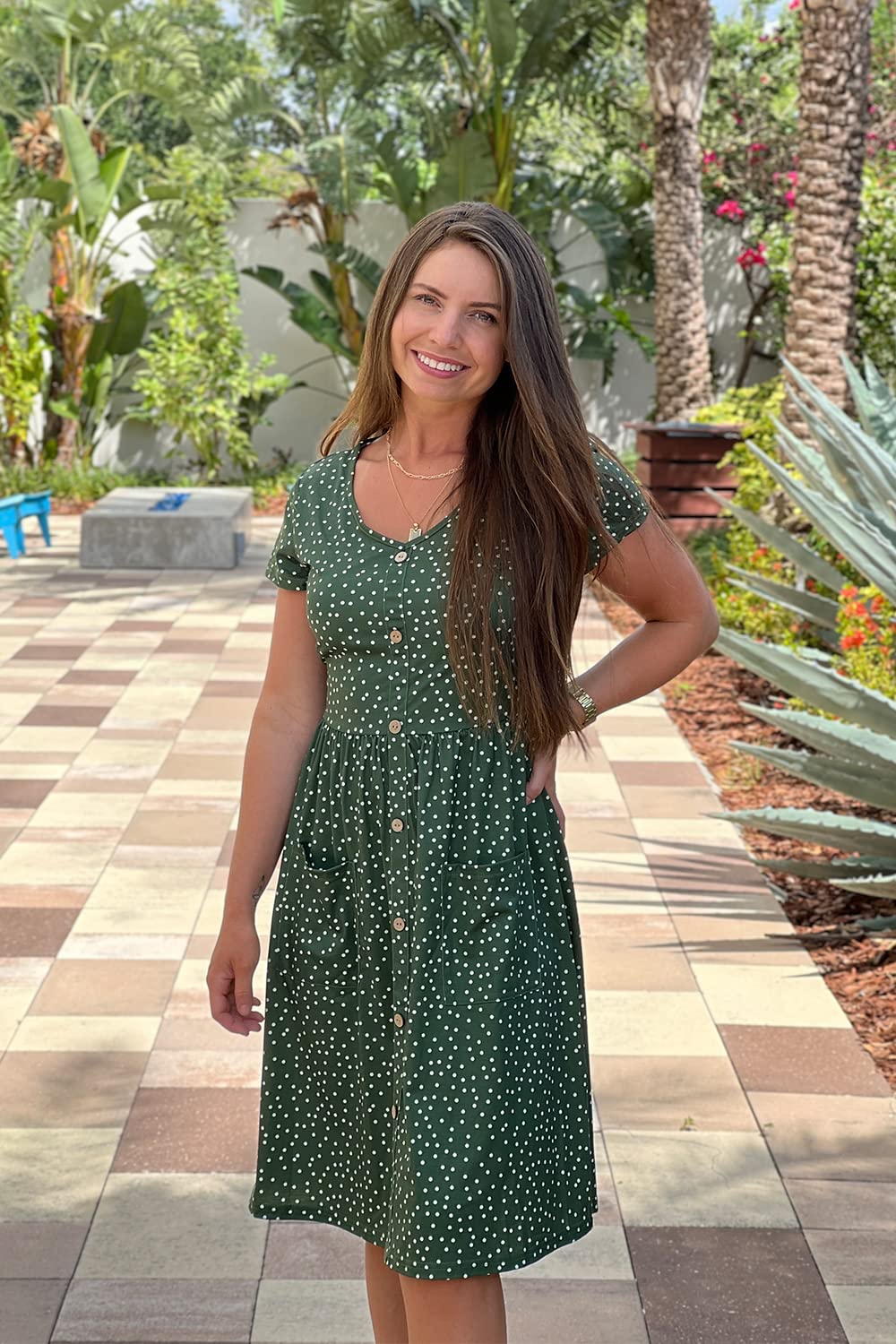 OUGES Casual Summer Short Sleeve Button Up Dress for Women 2025 Polka Dot Midi V Neck Skater Dress with Pockets(Green Polka Dot2,M)
