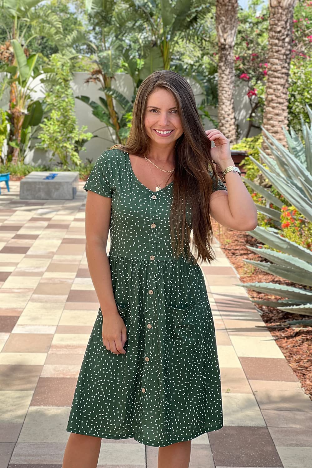 OUGES Casual Summer Short Sleeve Button Up Dress for Women 2025 Polka Dot Midi V Neck Skater Dress with Pockets(Green Polka Dot2,M)