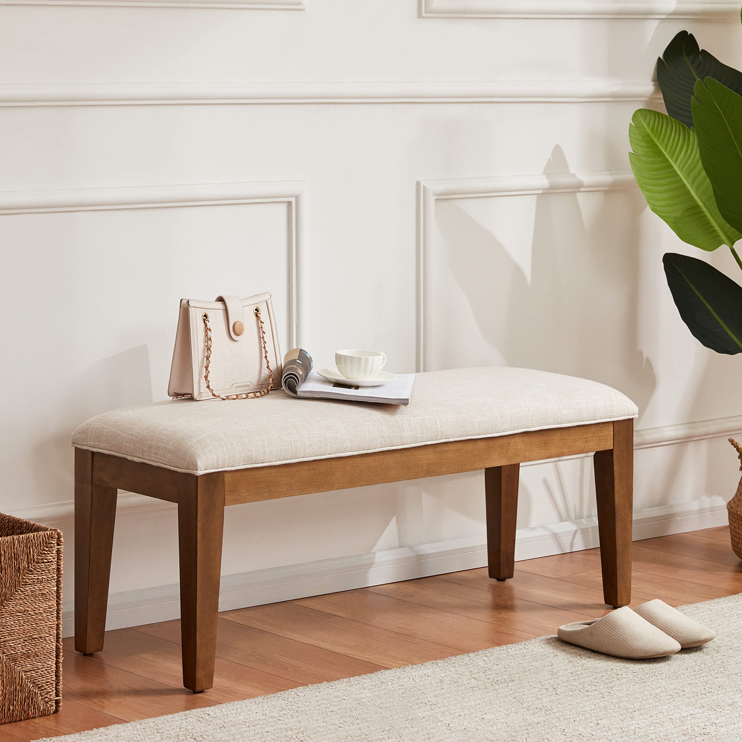 HUIMO Modern Multi-Purpose Bench, Wooden Frame with Tapered Legs, Padded Seat in Beige, 16"D x 36"W x 19"H, 2-Person Capacity