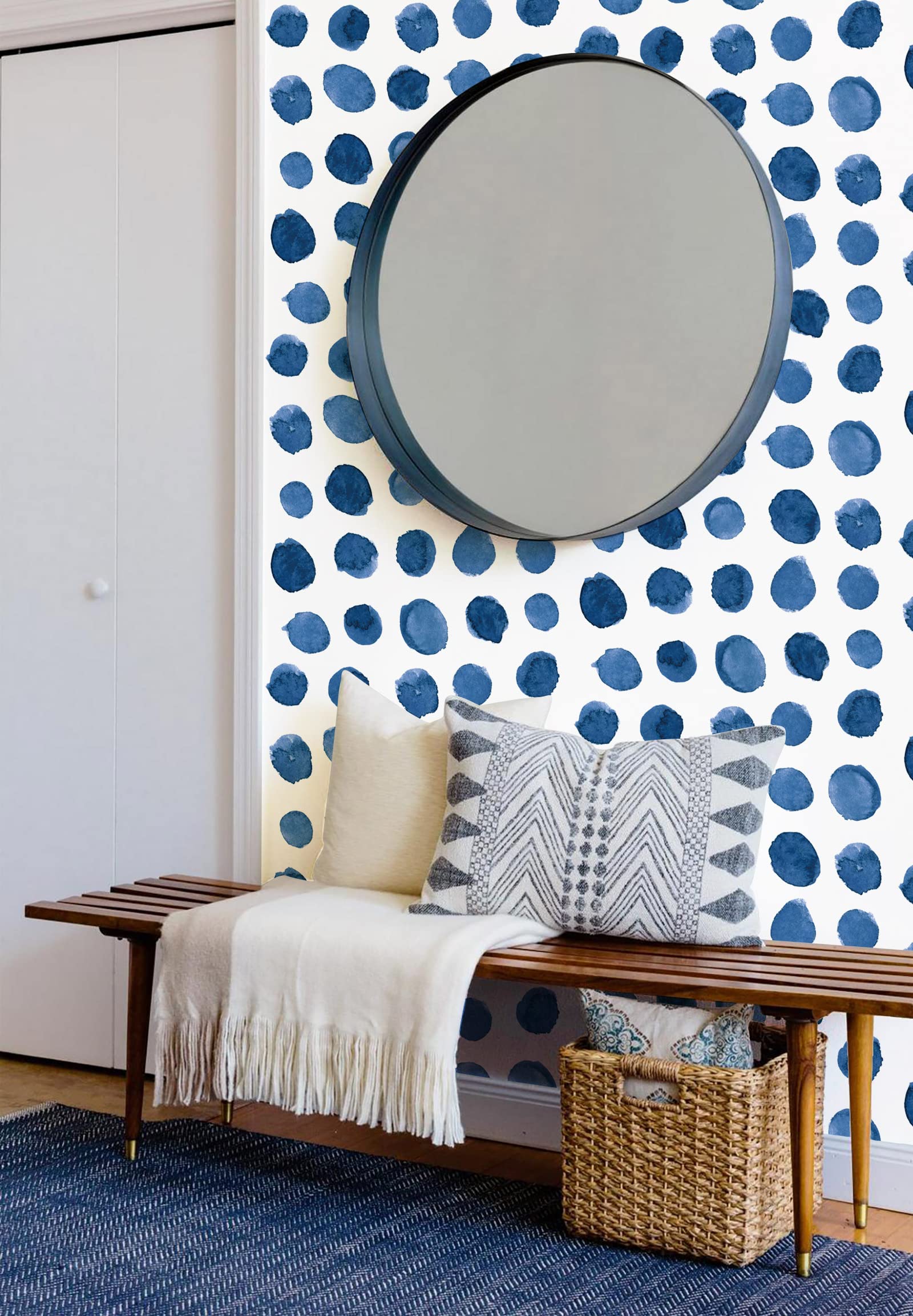 HAOKHOME Boho Peel and Stick Wallpaper Watercolor Brush Strokes Dots Removable Indigo Blue/White Vinyl Self Adhesive Contactpaper 17.7in x 9.8ft