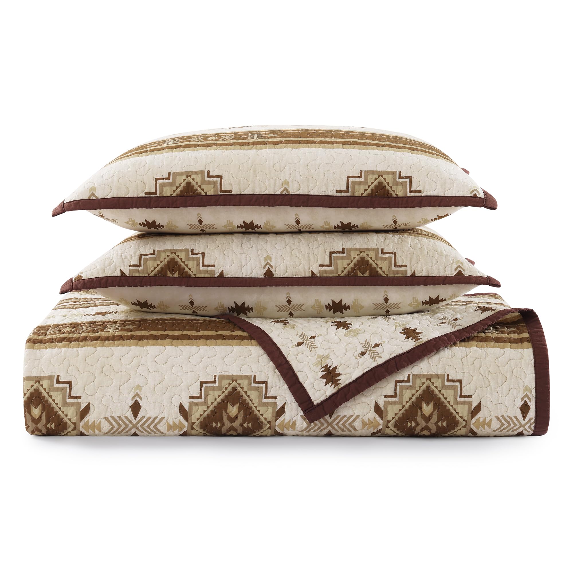 Paseo Road by HiEnd Accents Dakota Western Bedding 3 Piece Quilt Set with Pillow Shams, Full Queen Aztec Bedding Set, Brown Tribal Southwestern Bedding, Geometric Pattern Cotton Reversible Bed Set
