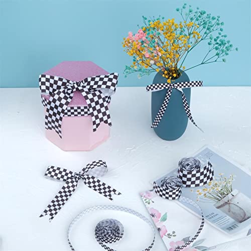 Kuscul 3 Rolls White Checkered Printed Ribbon Black Grosgrain Ribbon Racing Car Theme Checkered Ribbon Gingham Buffalo Plaid Wrapping Ribbon for DIY Crafts Wreath Gift Wrapping, 15 Yard
