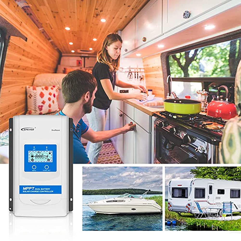 EPEVER 30A MPPT Dual Battery Solar Charge Controller 12V/24V Auto Max. PV 100V DuoRacer 30 Amp Controller for RV Camper Caravan Boat Trailer fit for Sealed, Gel, Flooded, Lithium Battery