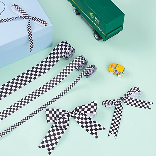 Kuscul 3 Rolls White Checkered Printed Ribbon Black Grosgrain Ribbon Racing Car Theme Checkered Ribbon Gingham Buffalo Plaid Wrapping Ribbon for DIY Crafts Wreath Gift Wrapping, 15 Yard