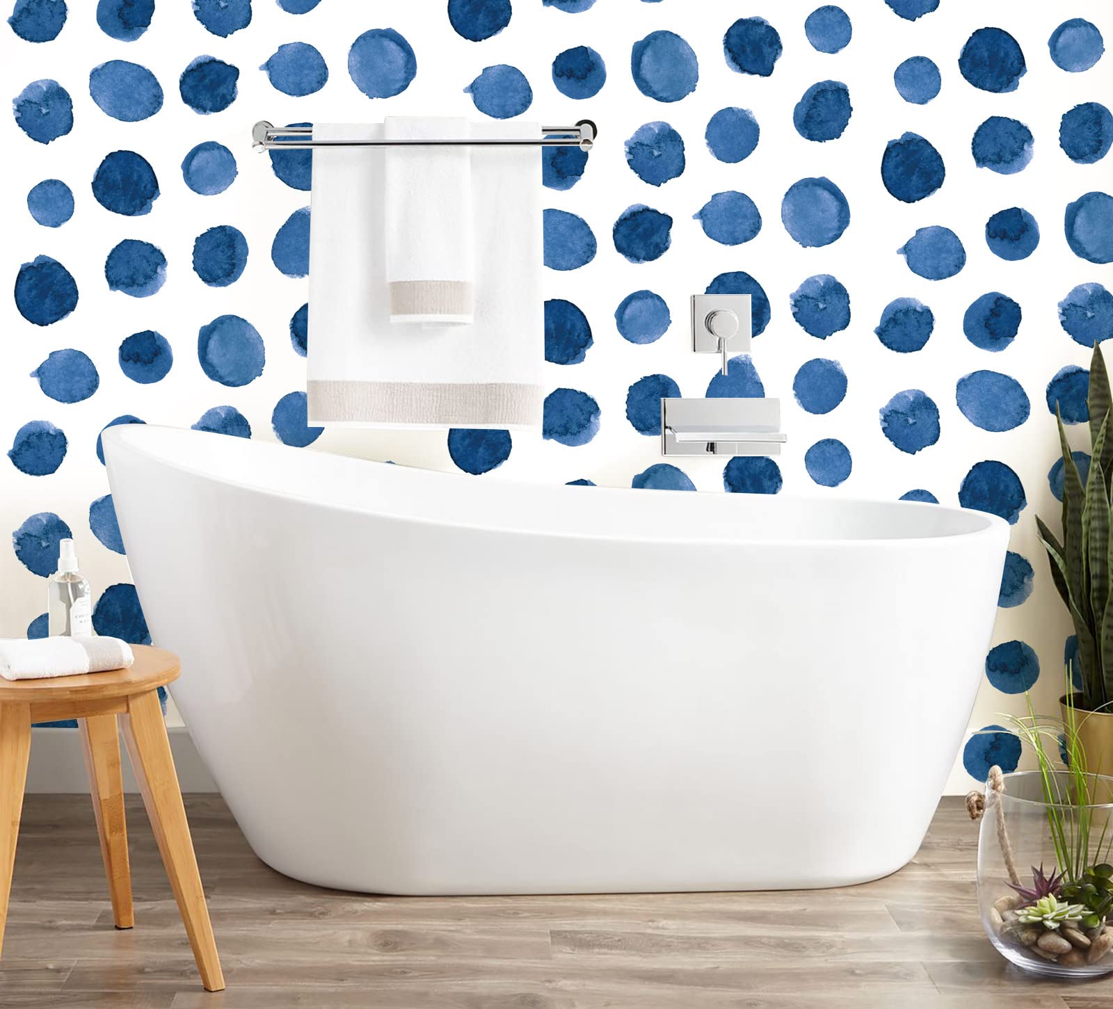 HAOKHOME Boho Peel and Stick Wallpaper Watercolor Brush Strokes Dots Removable Indigo Blue/White Vinyl Self Adhesive Contactpaper 17.7in x 9.8ft