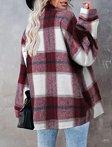ZOLUCKY Women Flannel Shacket Plaid Button Down Shirt Lapel Collar Long Sleeve Oversized Blouse Top, Red and White Small