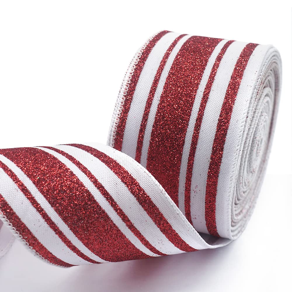 Hying Valentine's Day Ribbons for Gift Wrapping, 2.5"×10 Yards Glitter Red Stripes Burlap Ribbon Wedding Wired Edge Ribbons for Valentines Decoration Anniversary Party Supplies