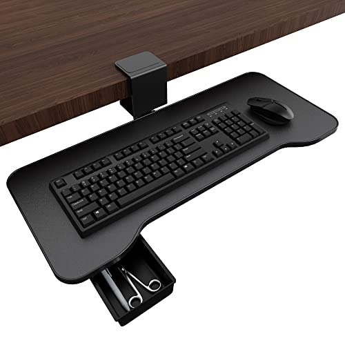 Keyboard Tray Under Desk,360 Rotating Keyboard&Mouse Tray with Drawer,Yikola Desk Extender Adjustable C-Clamp, Ergonomic Platform Tray Under Table,No Drilling Install 23.54'' x 9.8''in-Matte Blackā¦