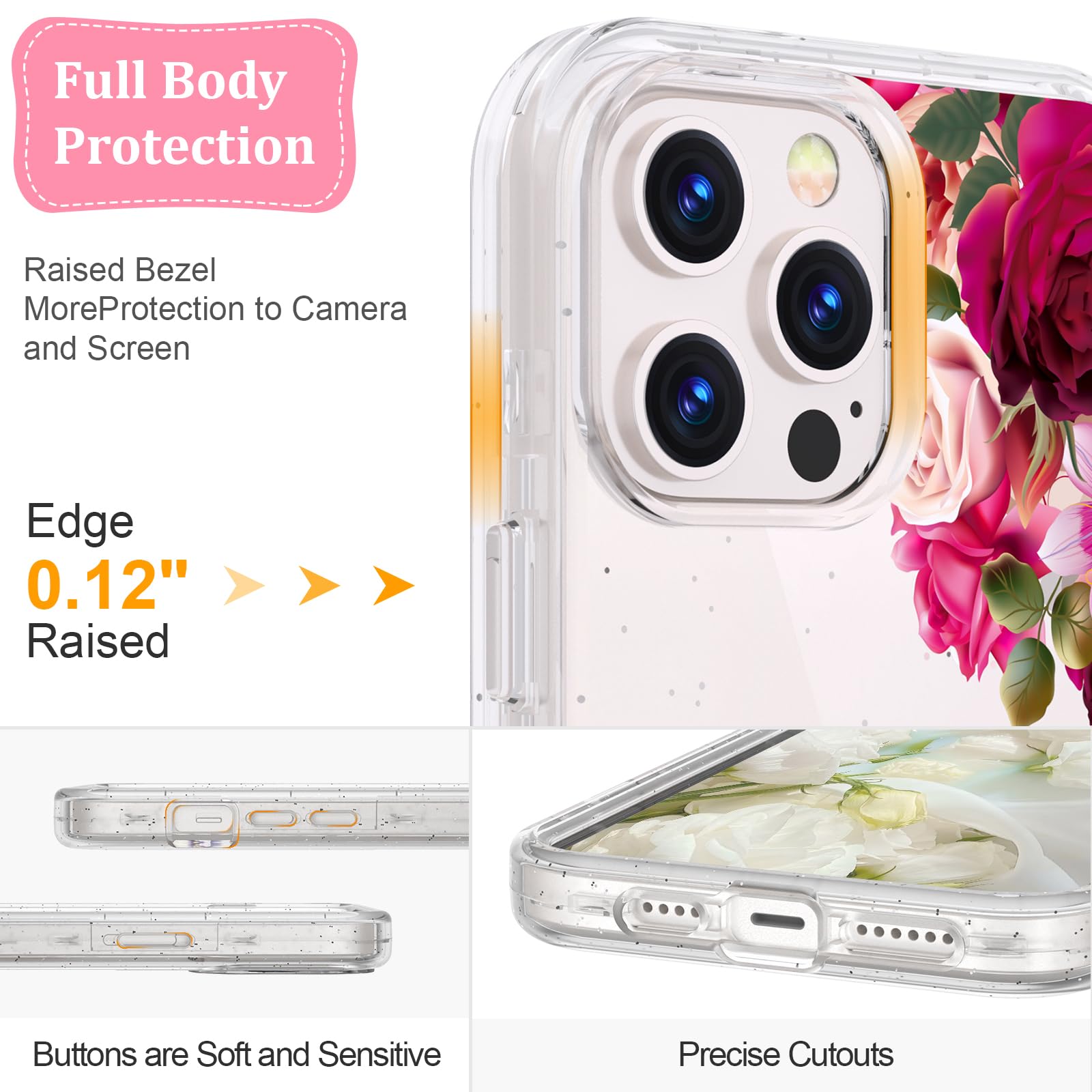 ACKETBOX for iPhone 13 Pro Max Case,with Screen Protector & Camera Lens Protector+Ring Bracket,Floral Phone Cover Designed for iPhone 13 Pro Max(Big Red Flower 01)