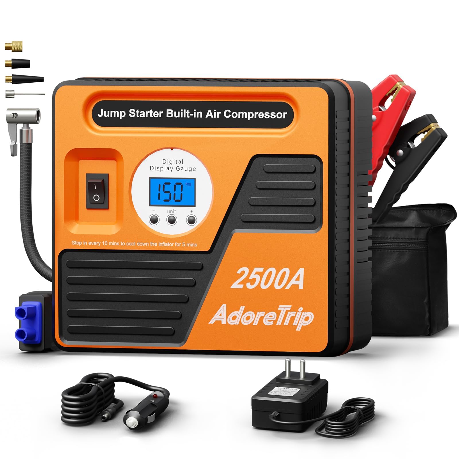 ADORETRIP Jump Starter with Air Compressor, 2500A 150PSI Car Battery Jump Starter (10.0L Gas/ 8.5LDiesel), 24000mAh 12V Jump Box Car Battery Jumper Starter Booster with Digital Display, 2 Lights