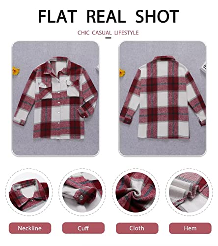 ZOLUCKY Women Flannel Shacket Plaid Button Down Shirt Lapel Collar Long Sleeve Oversized Blouse Top, Red and White Small