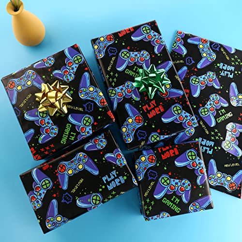 BULKYTREE Gaming Wrapping Paper with Cut Lines for Kids Boys Girls Men Birthday Holiday Party - 3 Large Sheets Video Game Gift Wrap “I'M Gaming”, Gamepad, “Play Game” Gift - 27 Inch X 39.4 Inch Per Sheet