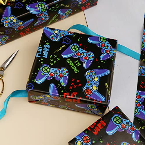 BULKYTREE Gaming Wrapping Paper with Cut Lines for Kids Boys Girls Men Birthday Holiday Party - 3 Large Sheets Video Game Gift Wrap “I'M Gaming”, Gamepad, “Play Game” Gift - 27 Inch X 39.4 Inch Per Sheet