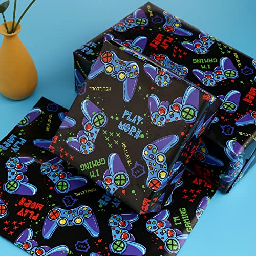 BULKYTREE Gaming Wrapping Paper with Cut Lines for Kids Boys Girls Men Birthday Holiday Party - 3 Large Sheets Video Game Gift Wrap “I'M Gaming”, Gamepad, “Play Game” Gift - 27 Inch X 39.4 Inch Per Sheet