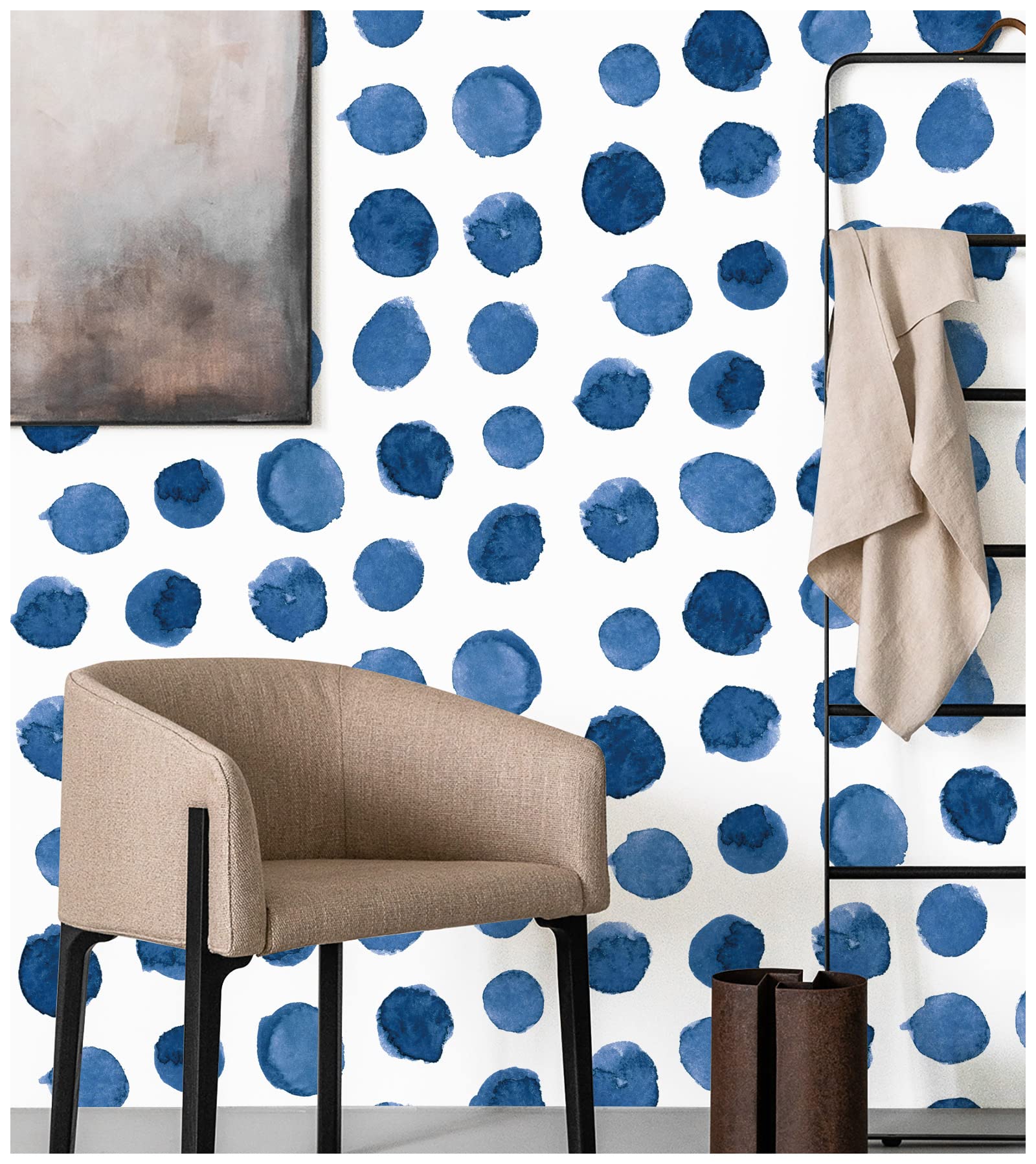 HAOKHOME Boho Peel and Stick Wallpaper Watercolor Brush Strokes Dots Removable Indigo Blue/White Vinyl Self Adhesive Contactpaper 17.7in x 9.8ft