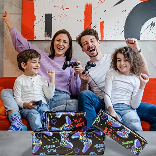 BULKYTREE Gaming Wrapping Paper with Cut Lines for Kids Boys Girls Men Birthday Holiday Party - 3 Large Sheets Video Game Gift Wrap “I'M Gaming”, Gamepad, “Play Game” Gift - 27 Inch X 39.4 Inch Per Sheet