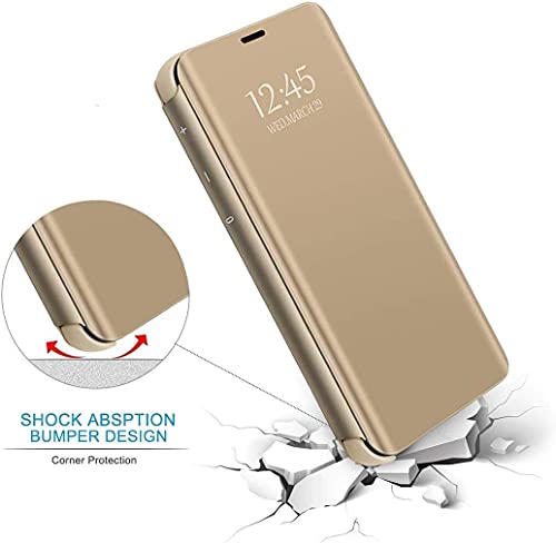 CCasualL Compatible for Oppo Reno2 Z Case 6.53 inch Electroplating Mirror Design Bracket Clear Vision Flip-Book Style Mirror Makeup PU Shockproof Protective Cover-Gold