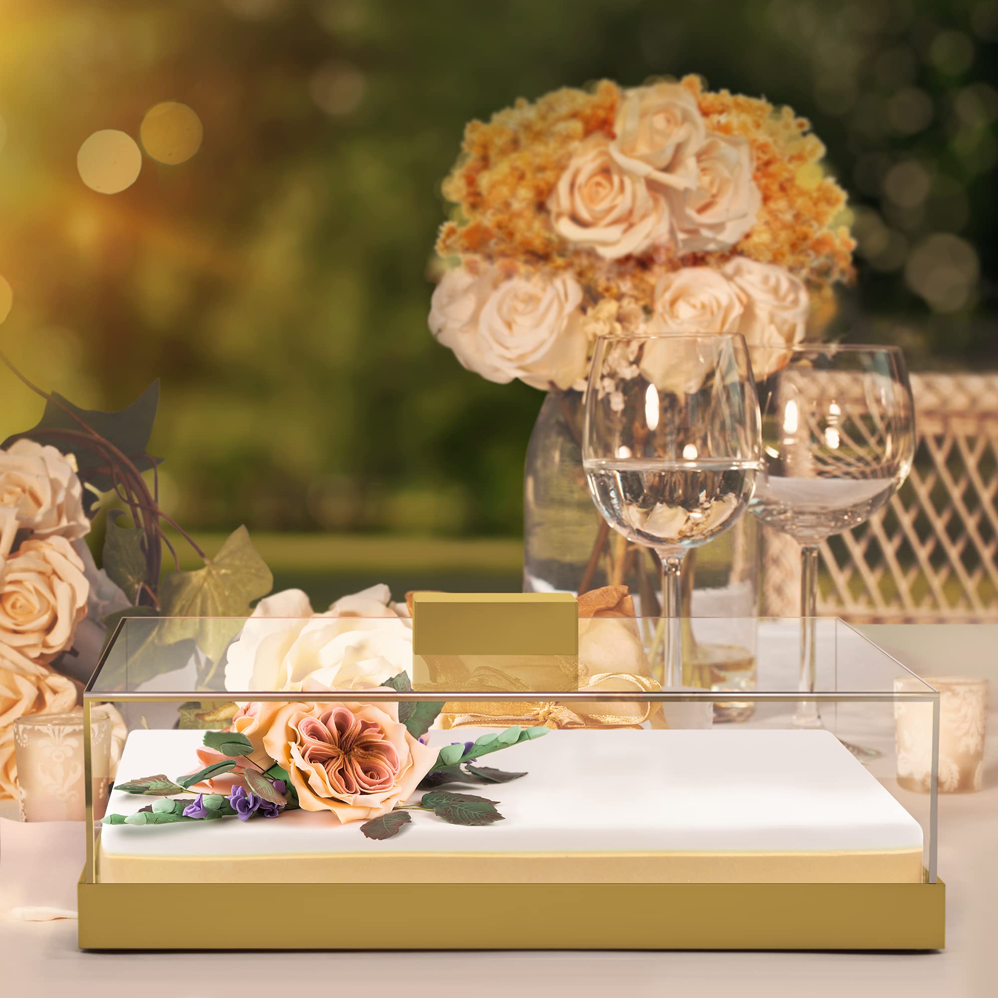 Elavain Acrylic Cake Stand | Multifunctional Serving Tray | Elegant Gold Food Tray with Clear Lid | Perfect as a Cake Box and Serving Platter for Party, Home and Kitchen | Shatter Resistant