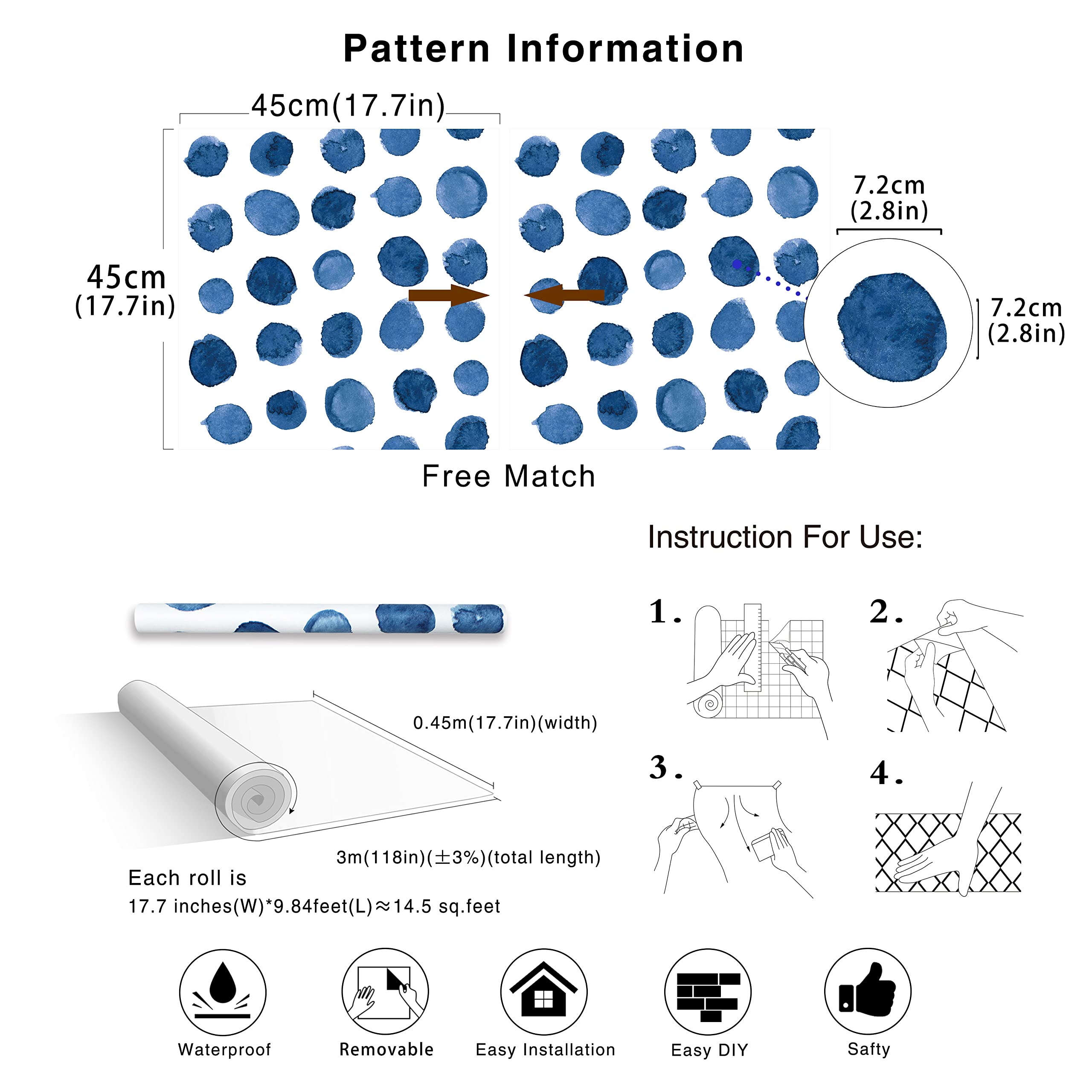 HAOKHOME Boho Peel and Stick Wallpaper Watercolor Brush Strokes Dots Removable Indigo Blue/White Vinyl Self Adhesive Contactpaper 17.7in x 9.8ft