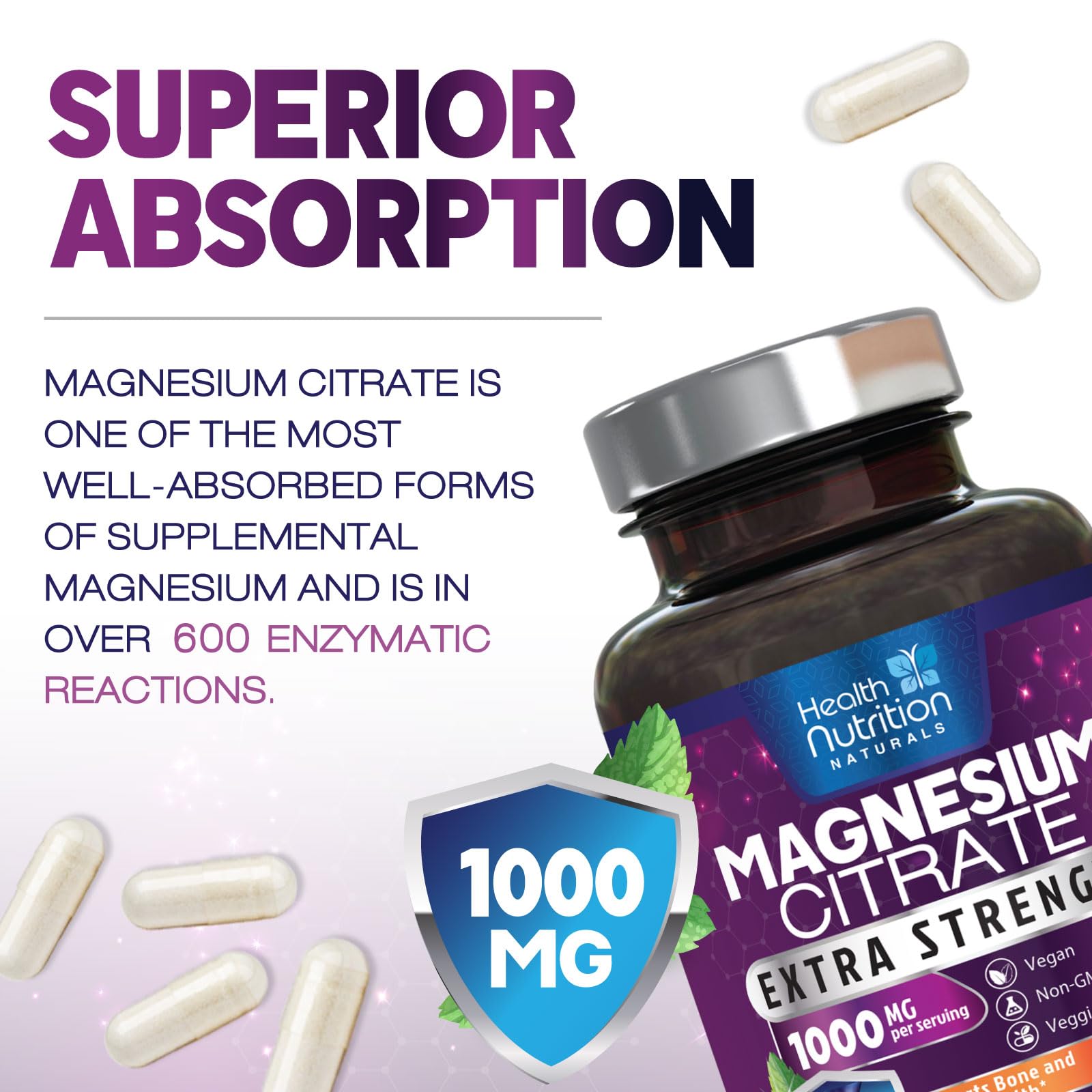 Magnesium Citrate Capsules 1000mg - Max Absorption Magnesium Powder for Muscle, Nerve, Bone and Heart Health Support, High Absorption Citrate Complex, Gluten Free, Non-GMO - 120 Capsules