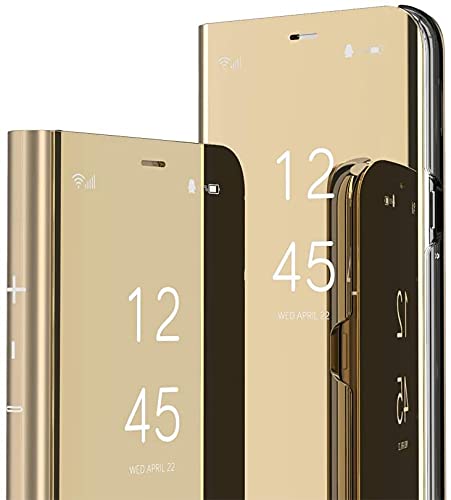CCasualL Compatible for Oppo Reno2 Z Case 6.53 inch Electroplating Mirror Design Bracket Clear Vision Flip-Book Style Mirror Makeup PU Shockproof Protective Cover-Gold