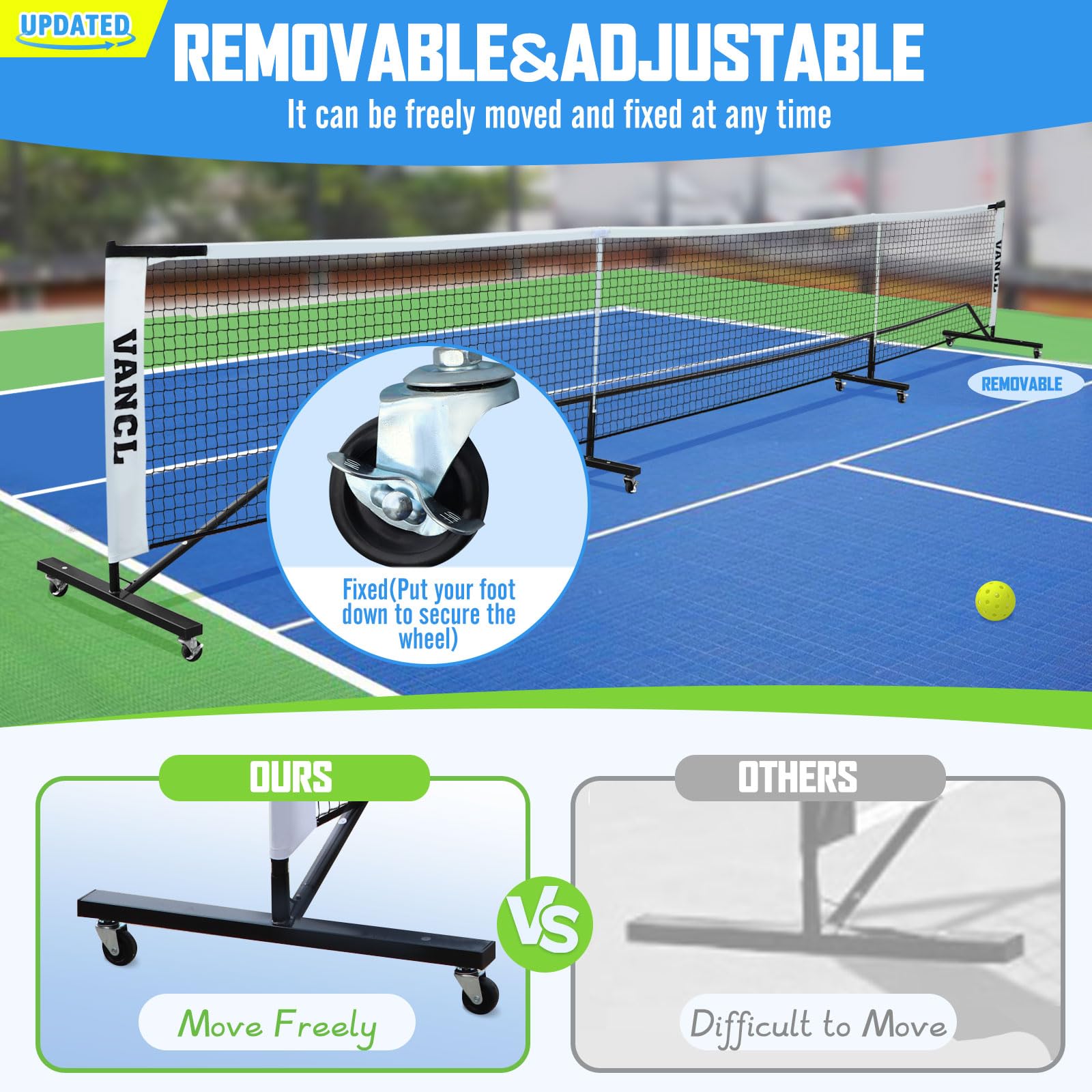 VANCL Badminton Pickleball Net with Wheels Movable, Deluxe Heavy Duty Pickleball Net System 22 Feet Pickleball Net for Driveway, Adjustable Strong Nylon Net Pickleball Net Portable Outdoor