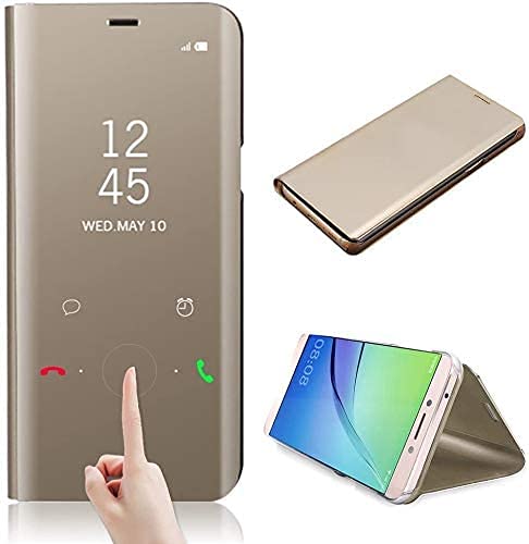 CCasualL Compatible for Oppo Reno2 Z Case 6.53 inch Electroplating Mirror Design Bracket Clear Vision Flip-Book Style Mirror Makeup PU Shockproof Protective Cover-Gold