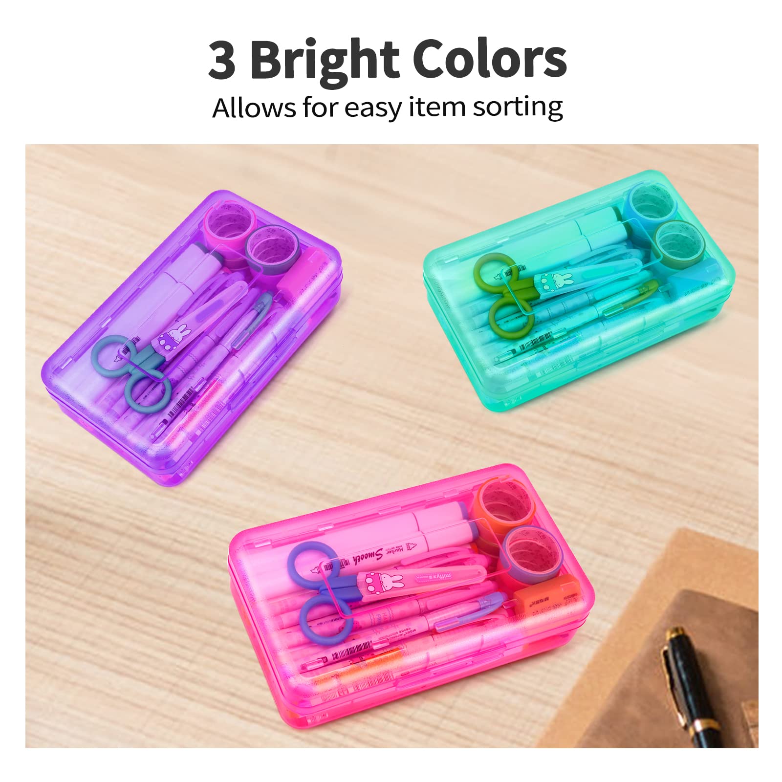 Sooez 3 Pack Pencil Case, Large Pencil Box Case, Clear Crayon Marker Box Bulk, Hard Plastic School Supplies with Snap-tight Lid, Stackable Storage Container Art Craft Organizer for Bead Pens