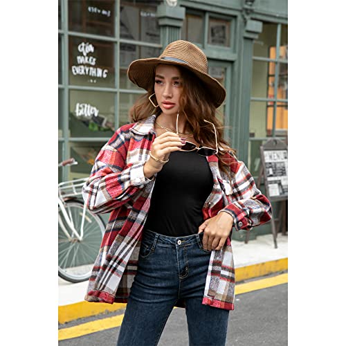 Women Classic Flannel Plaid Jacket Button Down Boyfriend Long Sleeve Lapel Shirts Casual Blouses Tops (Red, Small)