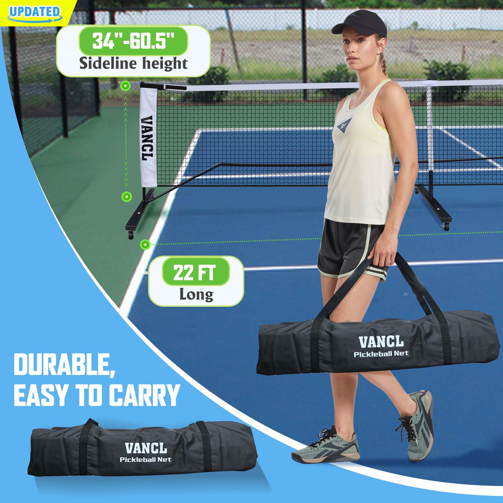 VANCL Badminton Pickleball Net with Wheels Movable, Deluxe Heavy Duty Pickleball Net System 22 Feet Pickleball Net for Driveway, Adjustable Strong Nylon Net Pickleball Net Portable Outdoor