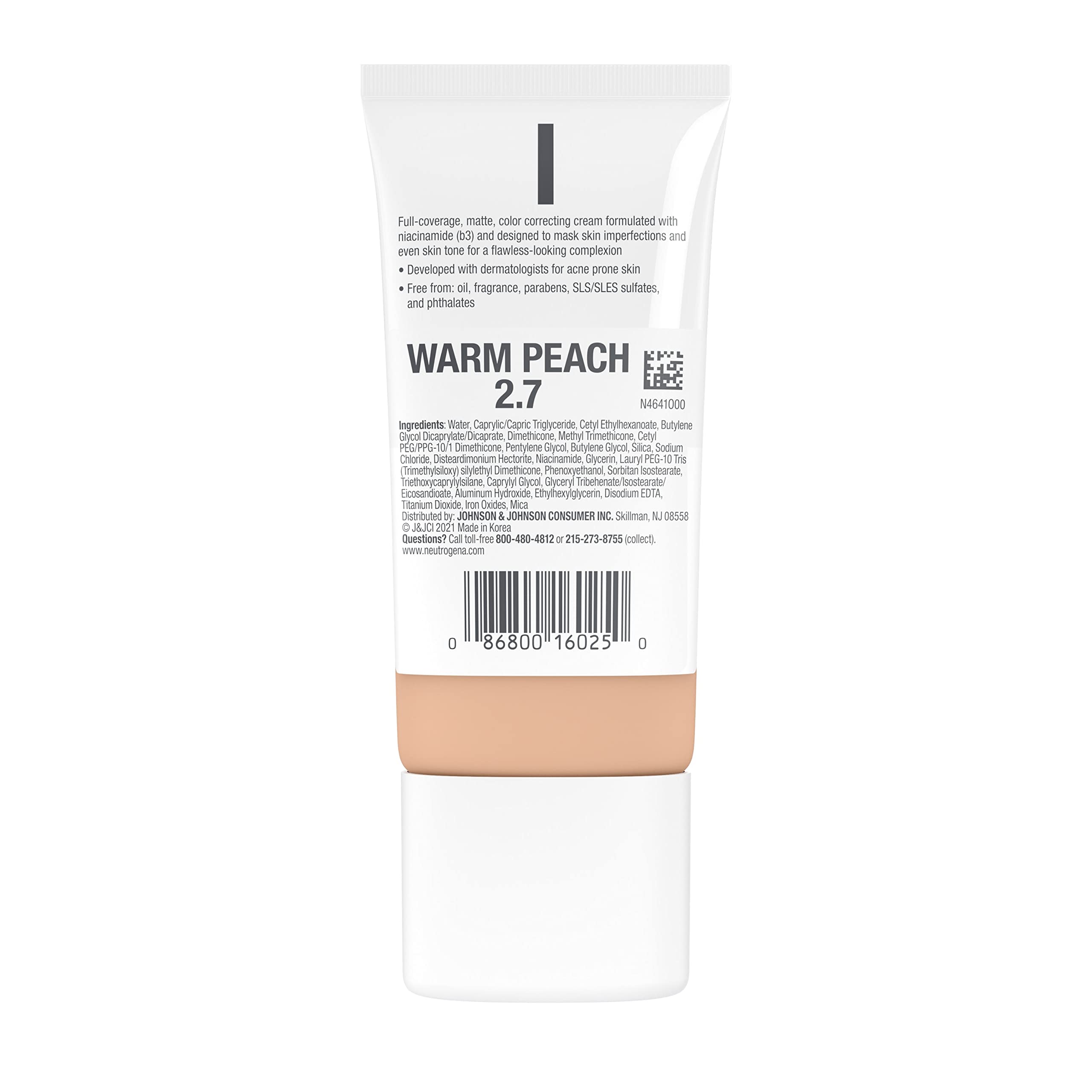 Neutrogena Clear Coverage Flawless Matte CC Cream, Full-Coverage Color Correcting Cream Face Makeup with Niacinamide (b3), Hypoallergenic, Oil Free & -Fragrance Free, Warm Peach, 1 oz