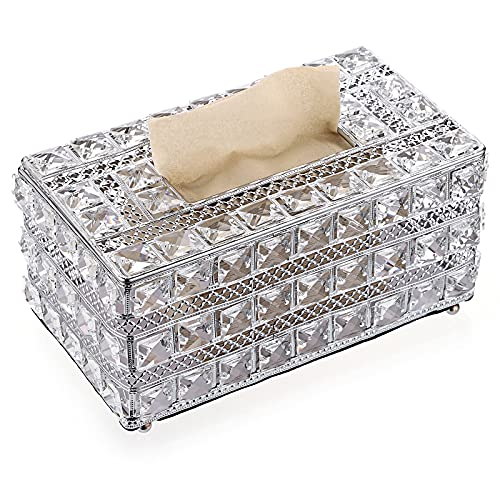 Sumnacon Crystal Rectangular Tissue Box Cover - Decorative Glass Tissue Holder, Sparkling Napkin Facial Tissue Holder for Bathroom Dresser Night Stand Desk Table Office Home Decor, Silver