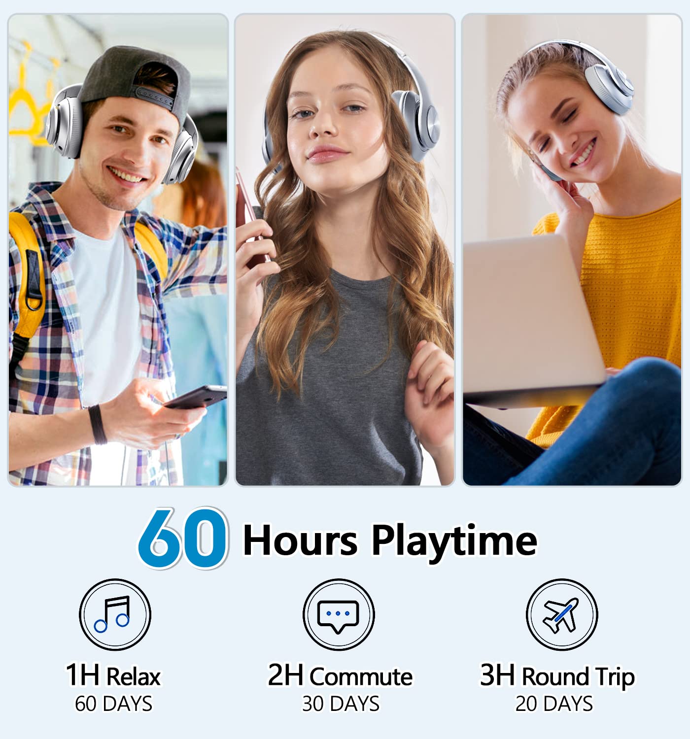 Headphones Wireless Bluetooth,60 Hours Playtime Foldable Lightweight Bluetooth Headphones Wireless Over Ear Wired Hi-Fi Stereo with 6 EQ Modes, Deep Bass Adjustable Headset with Mic, FM, TF for Adults