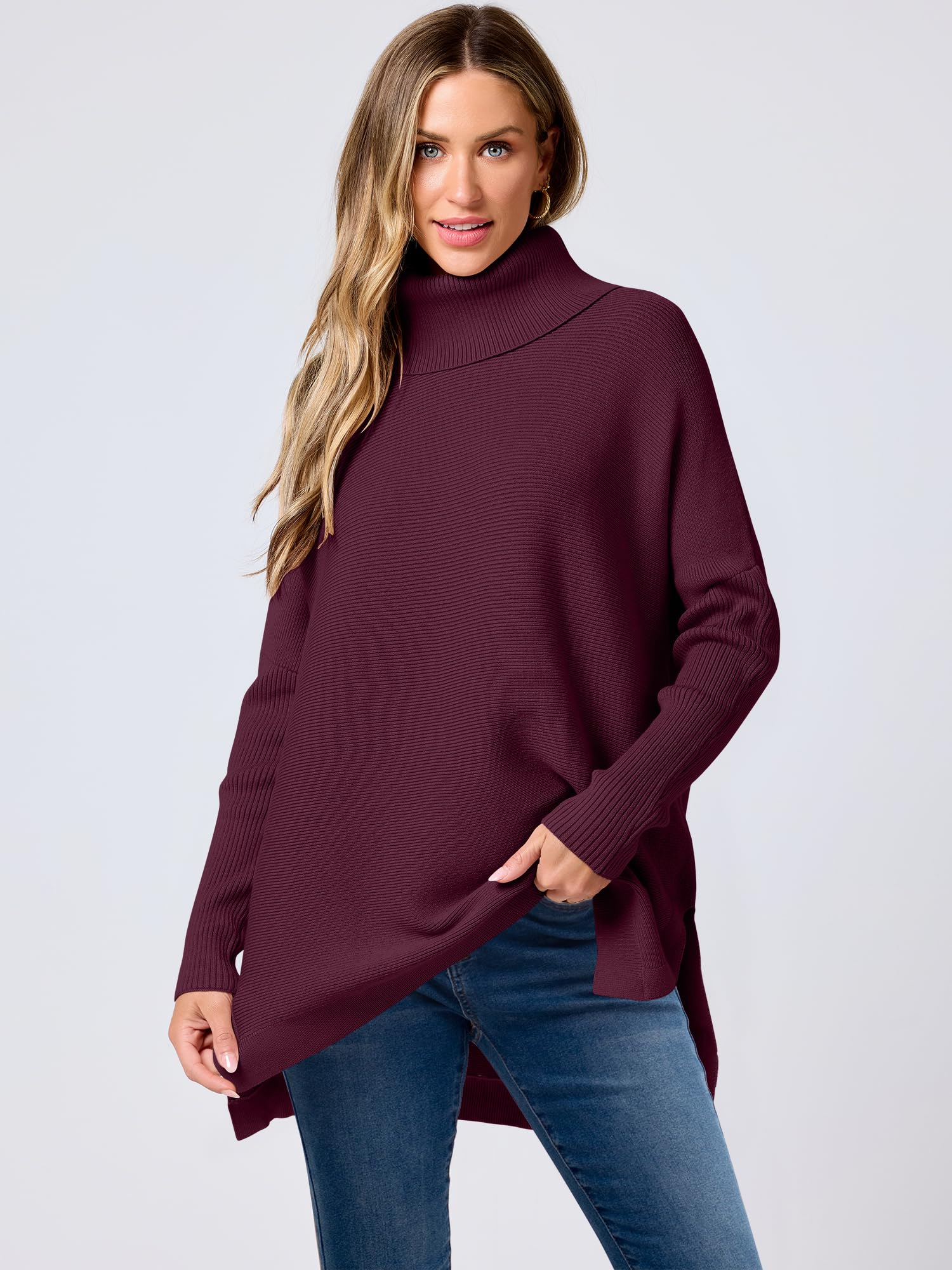 ANRABESS Women's Oversized Turtleneck Batwing Sleeve Spilt Casual Loose Knit Tunic Pullover Sweater Tops 2025 Fall Outfits Wine Red Small