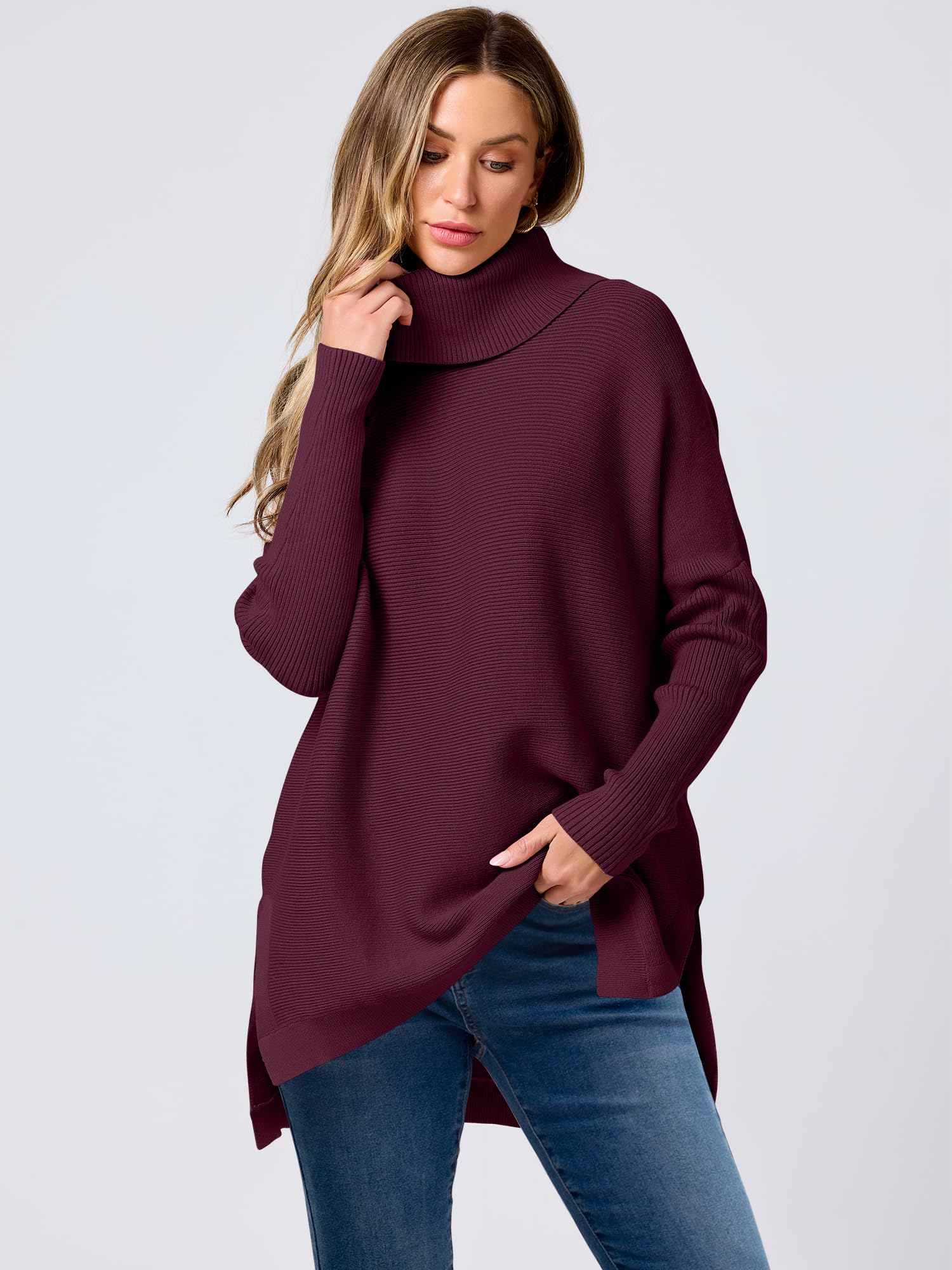 ANRABESS Women's Oversized Turtleneck Batwing Sleeve Spilt Casual Loose Knit Tunic Pullover Sweater Tops 2025 Fall Outfits Wine Red Small