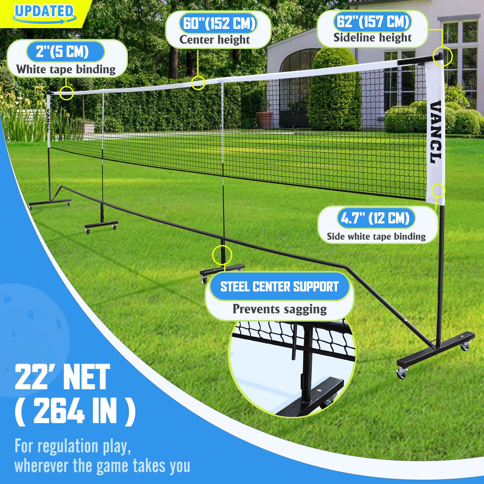 VANCL Badminton Pickleball Net with Wheels Movable, Deluxe Heavy Duty Pickleball Net System 22 Feet Pickleball Net for Driveway, Adjustable Strong Nylon Net Pickleball Net Portable Outdoor