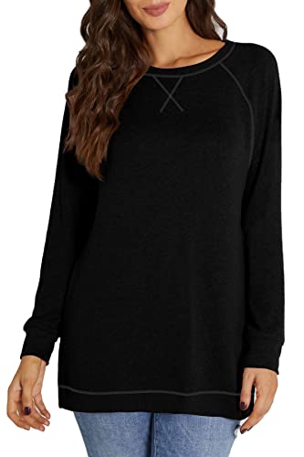 NILOUFO Womens Long Sleeve T Shirts Casual Blouses Trendy Tops Side Split Tunics(Black, X-Large)